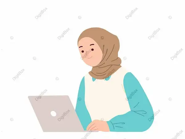 وکتور دختر با حجاب در حال کار با لپ تاپ کارتونی دیجیت باکس Digitbox